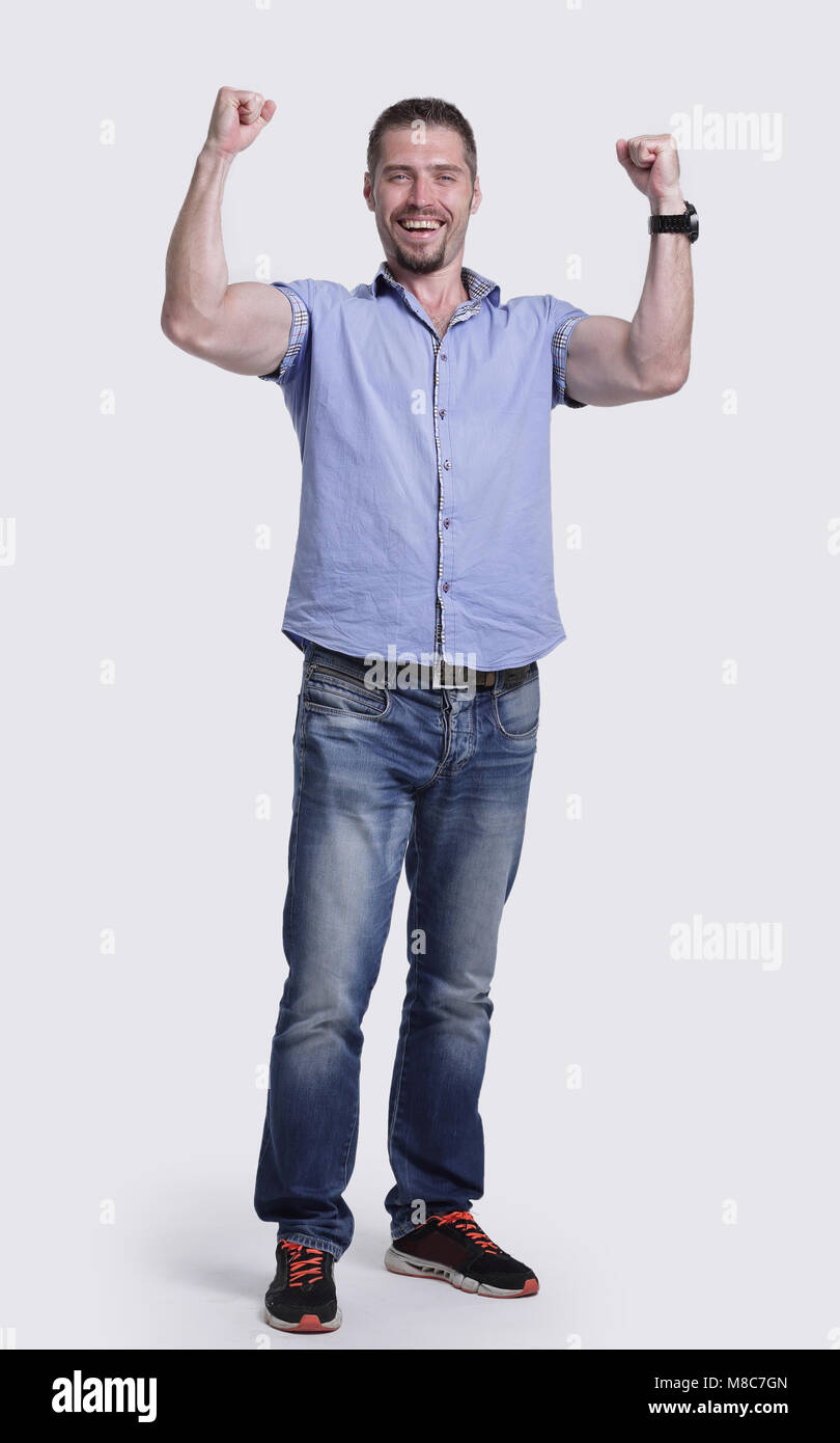 Happy man with hands up, isolated on white Stock Photo - Alamy
