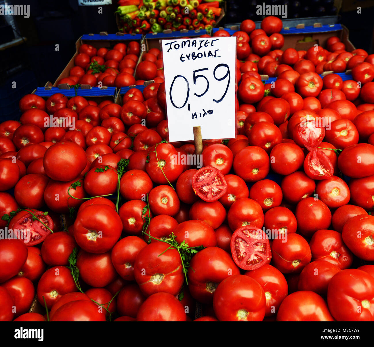 Greek tomato stall at the Dimotiki Agora ( public market ) in Athens ...