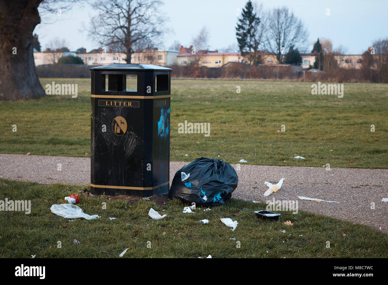 The litter bin in public park and litter around Stock Photo - Alamy