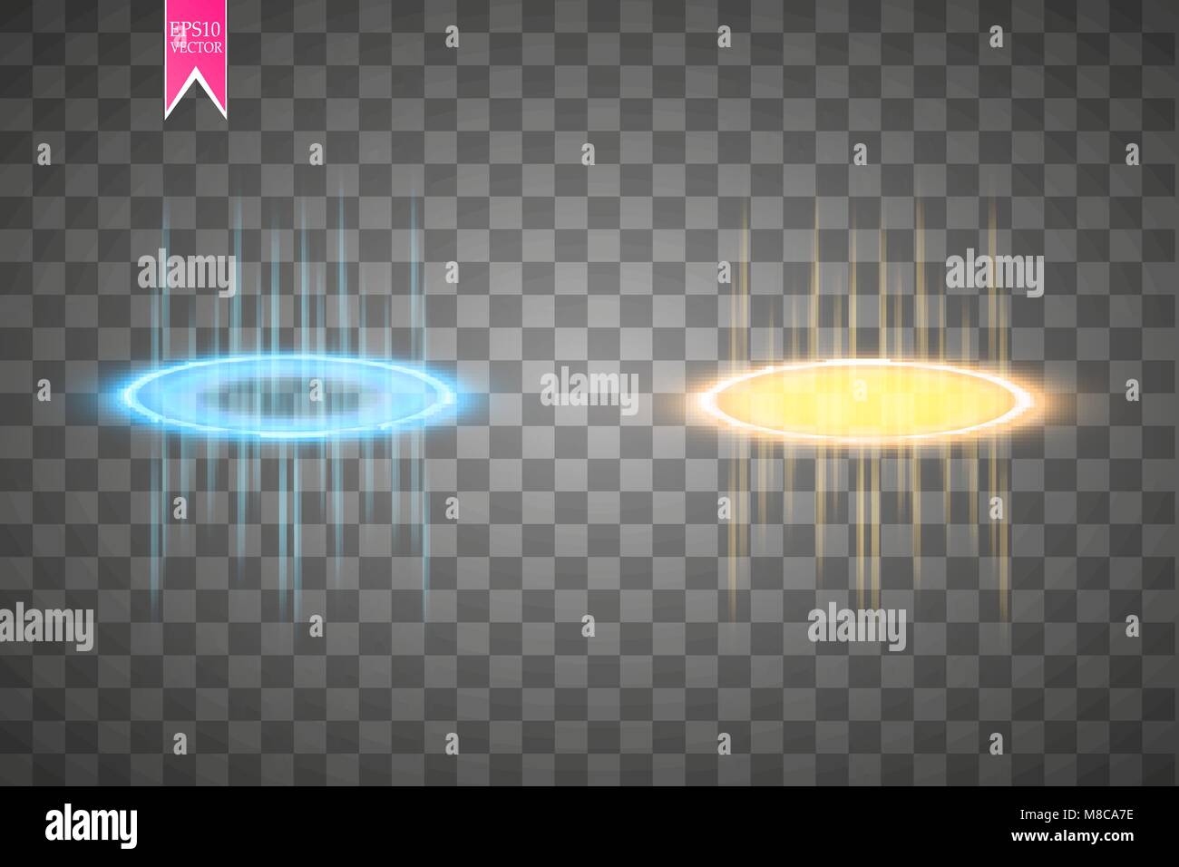 Round blue and gold glow rays night scene with sparks on transparent ...