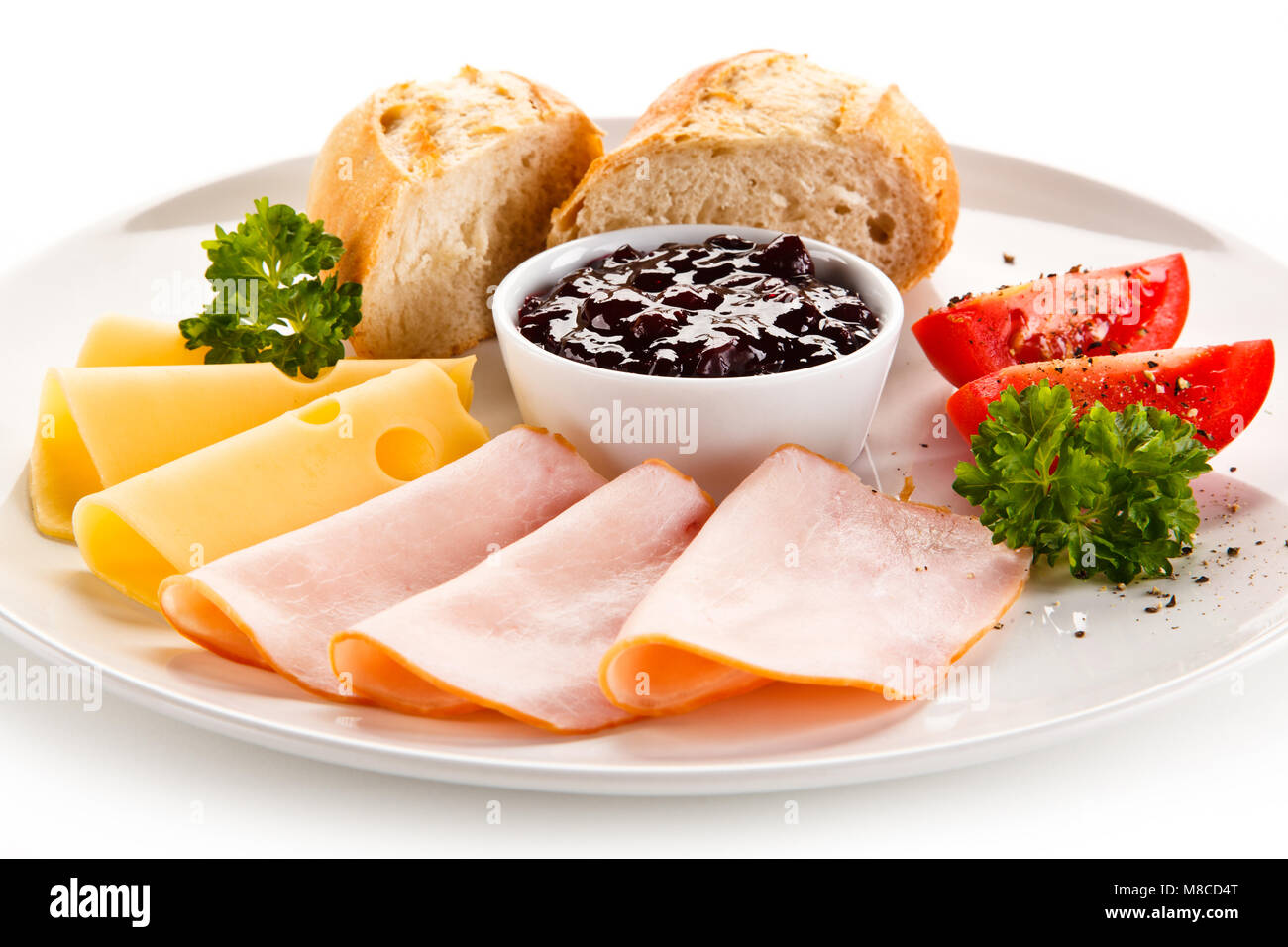 Breakfast - ham, cheese, bread and vegetables Stock Photo - Alamy