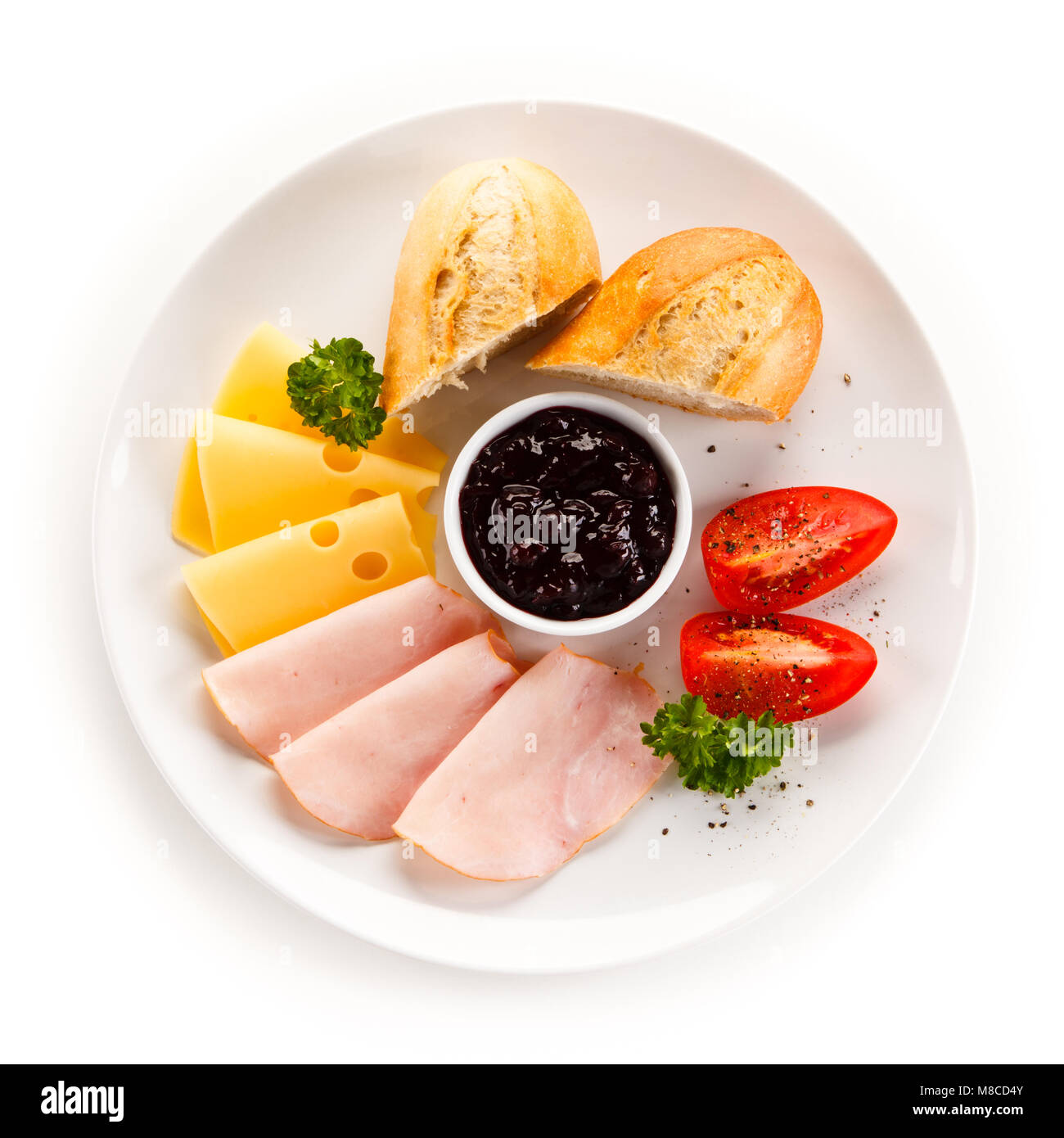 Breakfast - ham, cheese, bread and vegetables Stock Photo - Alamy