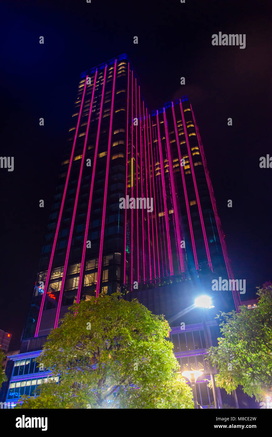 Saigon Times Square skyscraper, a 40-storey tower is illuminated with ...