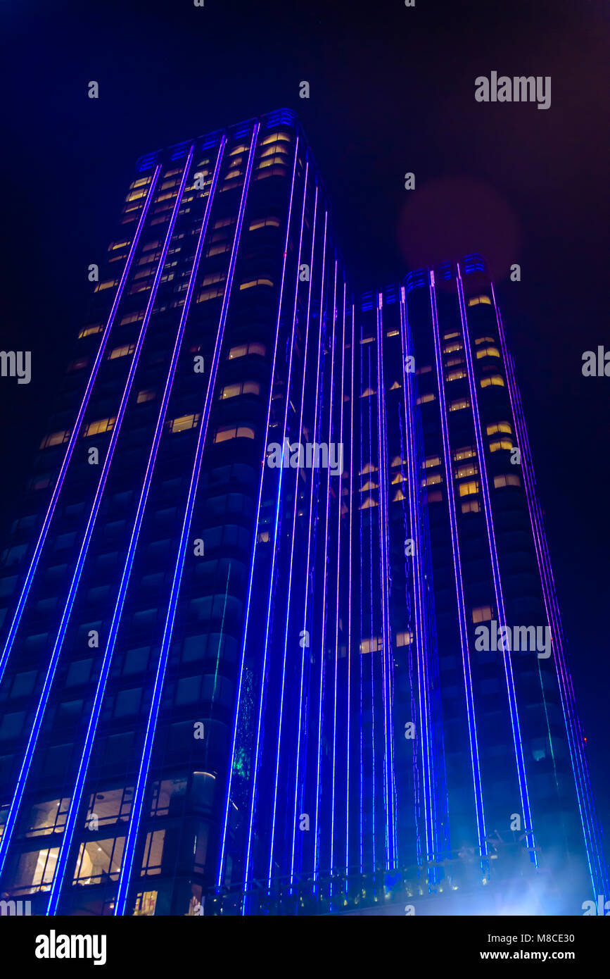 Saigon Times Square skyscraper, a 40-storey tower is illuminated with ...