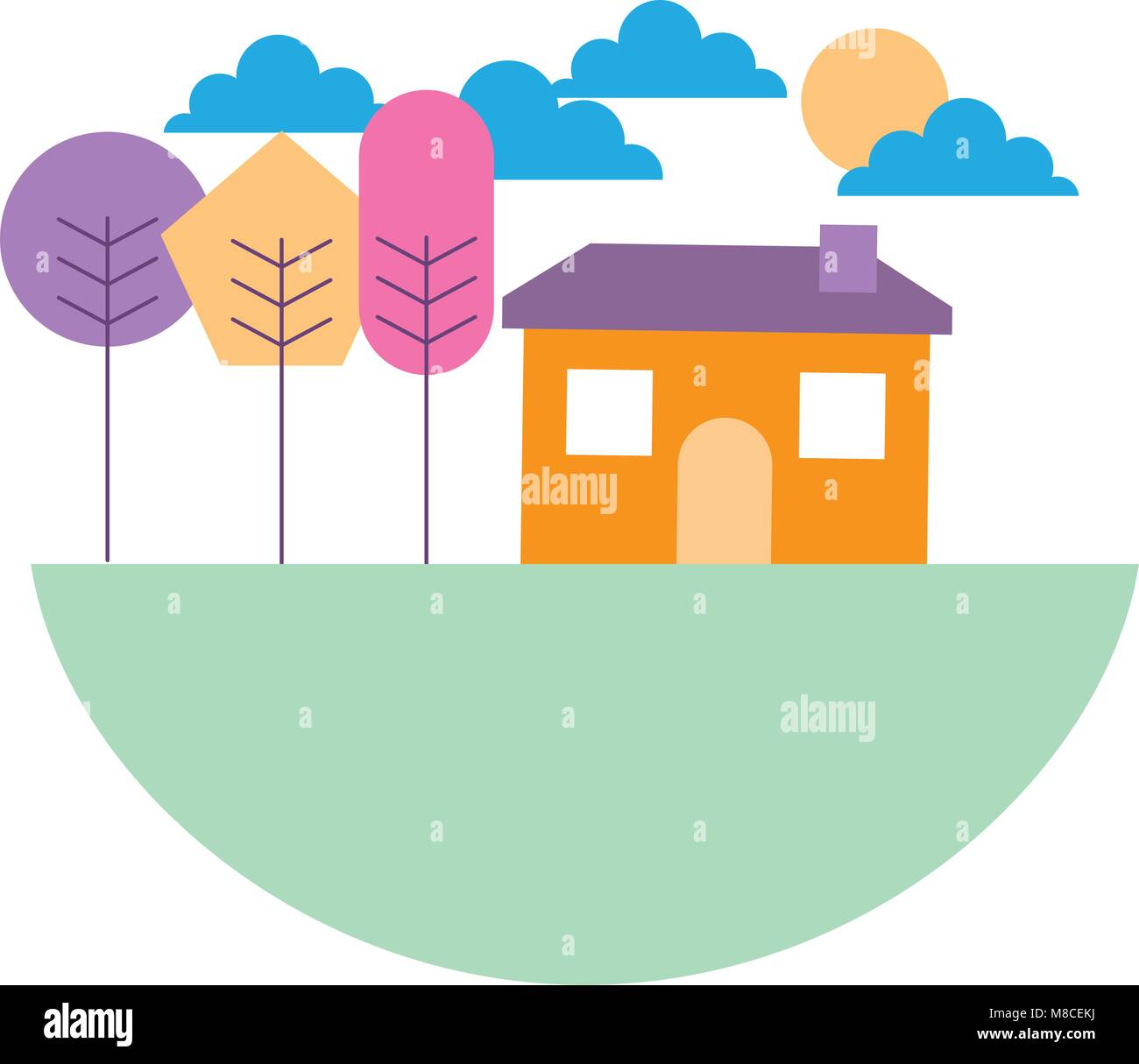 landscape house trees clouds sun round design vector illustration Stock ...