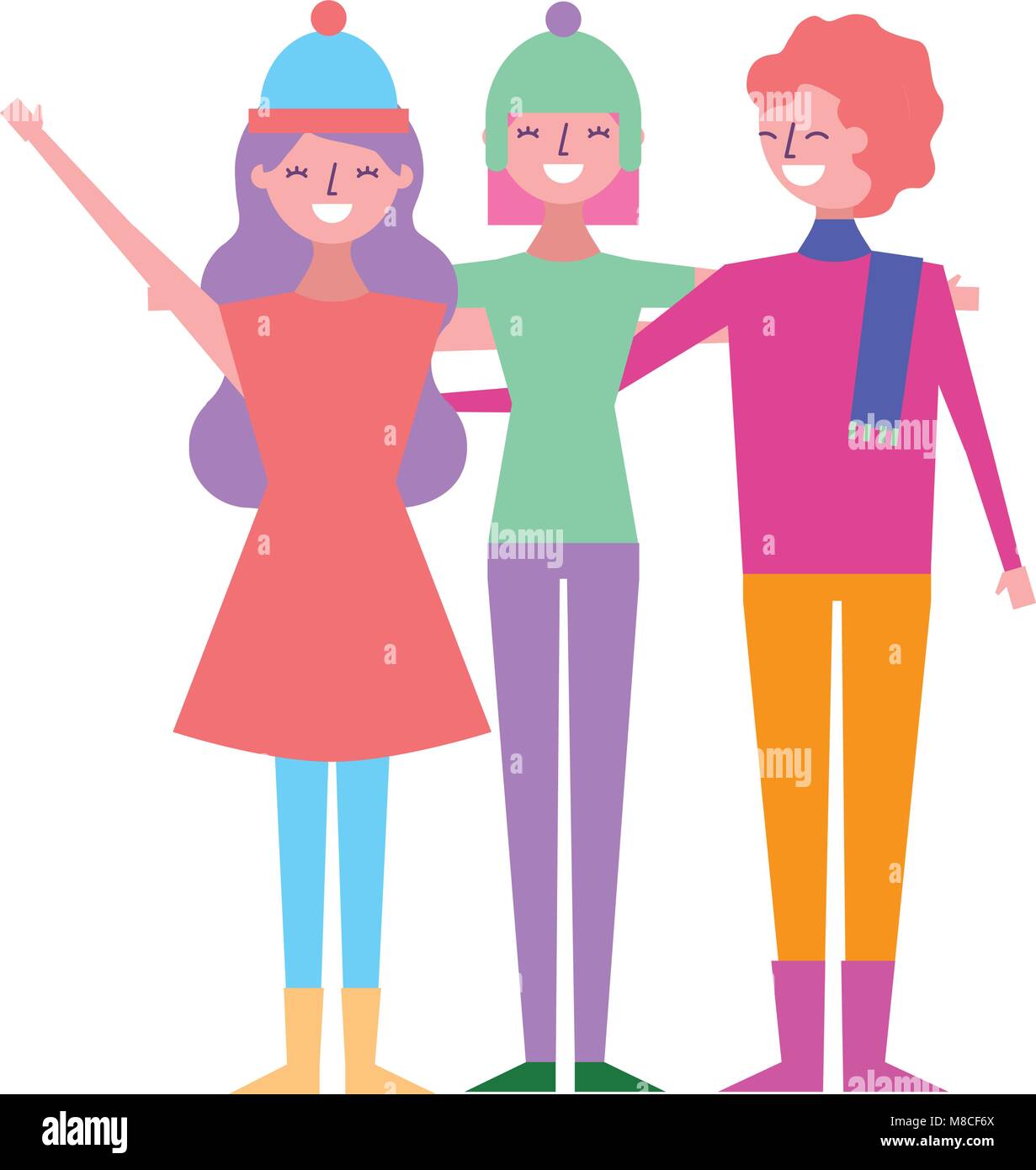 people seasonal winter clothes hugging friends vector illustration ...
