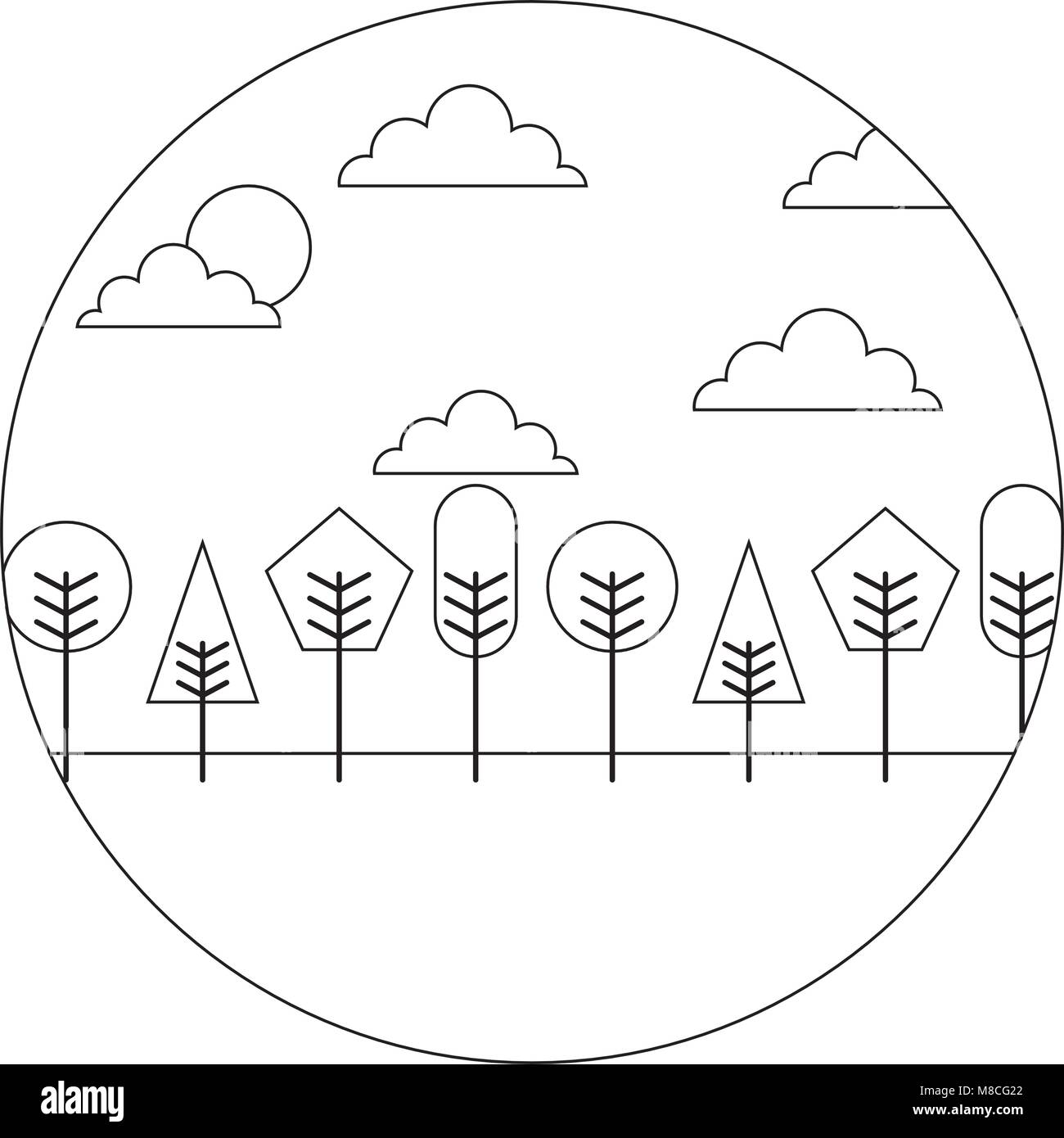landscape natural trees and clouds with geometrical shape vector ...