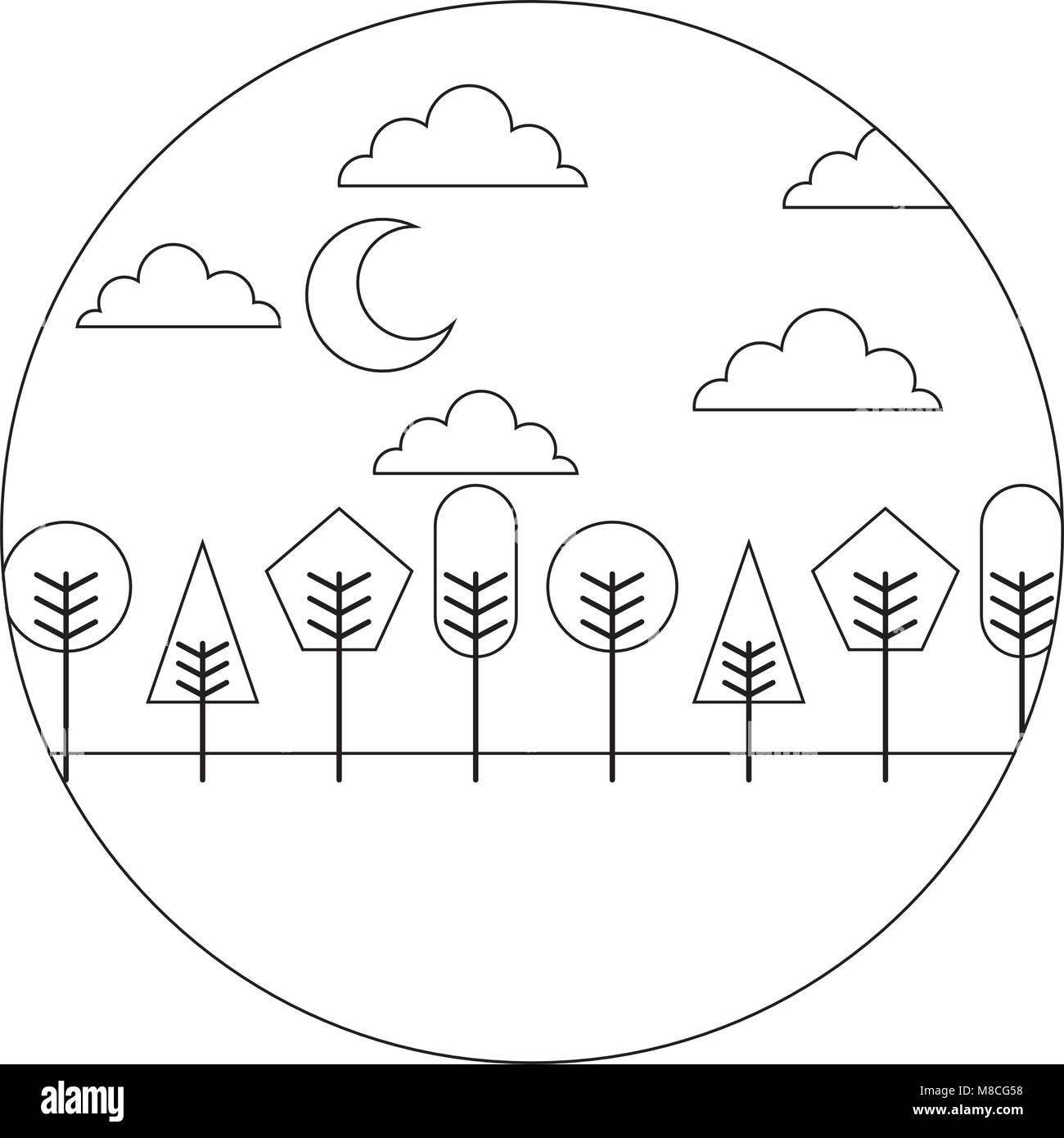 landscape night moon clouds trees round design vector illustration thin ...