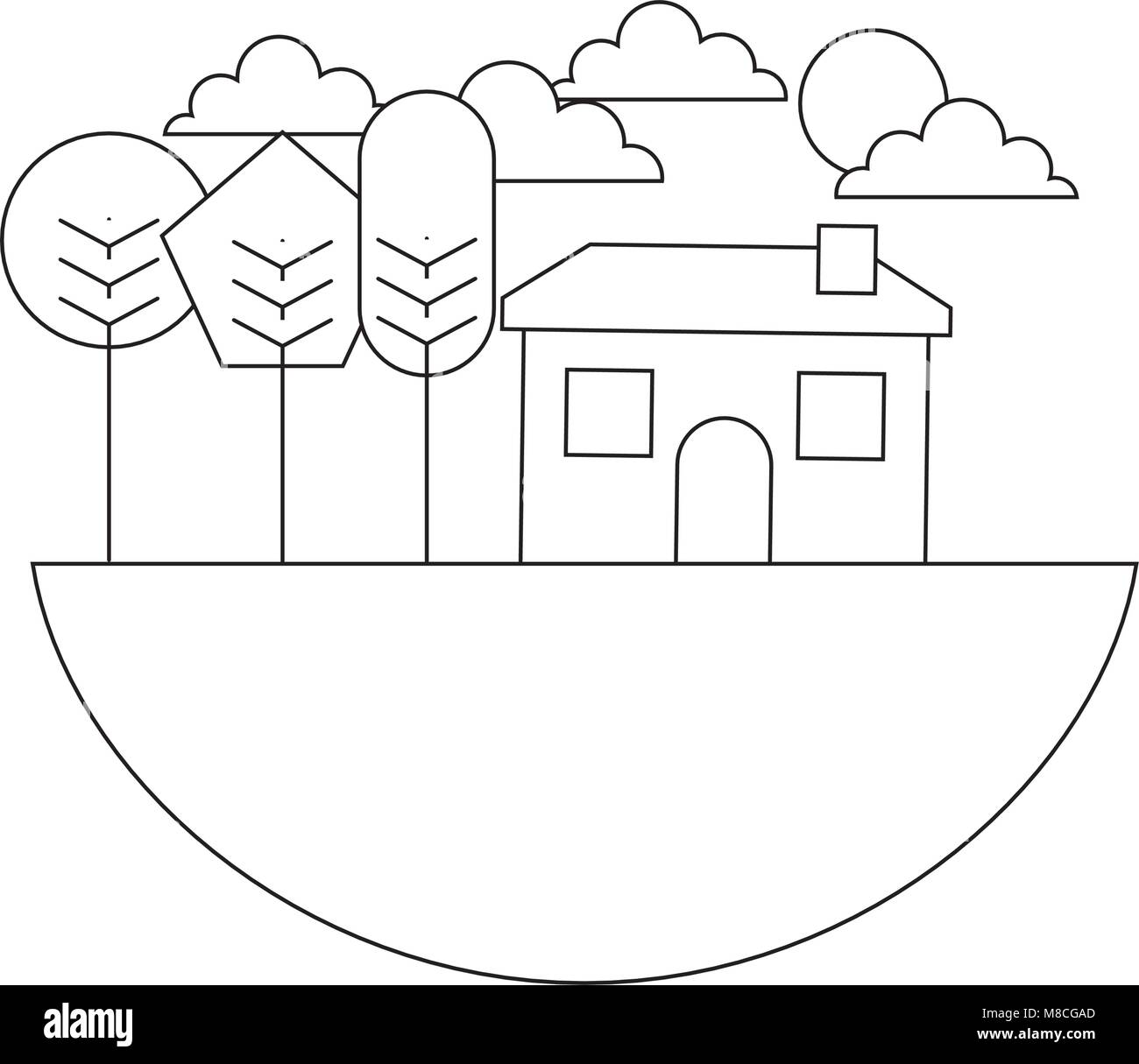 landscape house trees clouds sun round design vector illustration thin ...