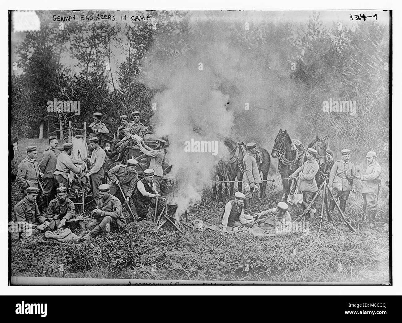 German engineers are shown in a military camp during World War I ...