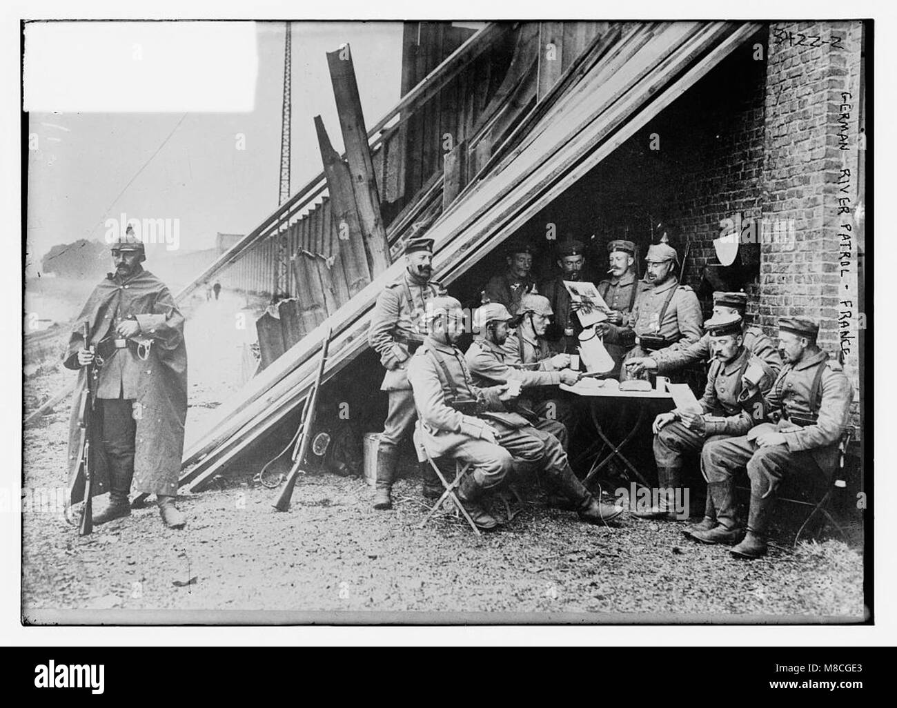 This historical photograph shows a German river patrol during World War ...
