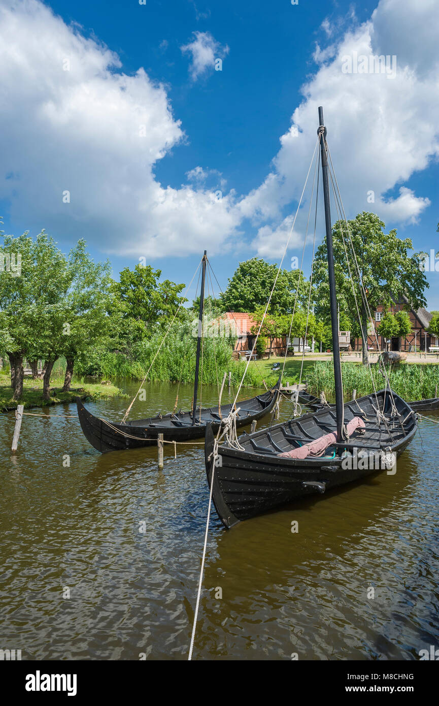 Wallmuseum, slavic village with a viking ship, slavic merchant-ship and ...