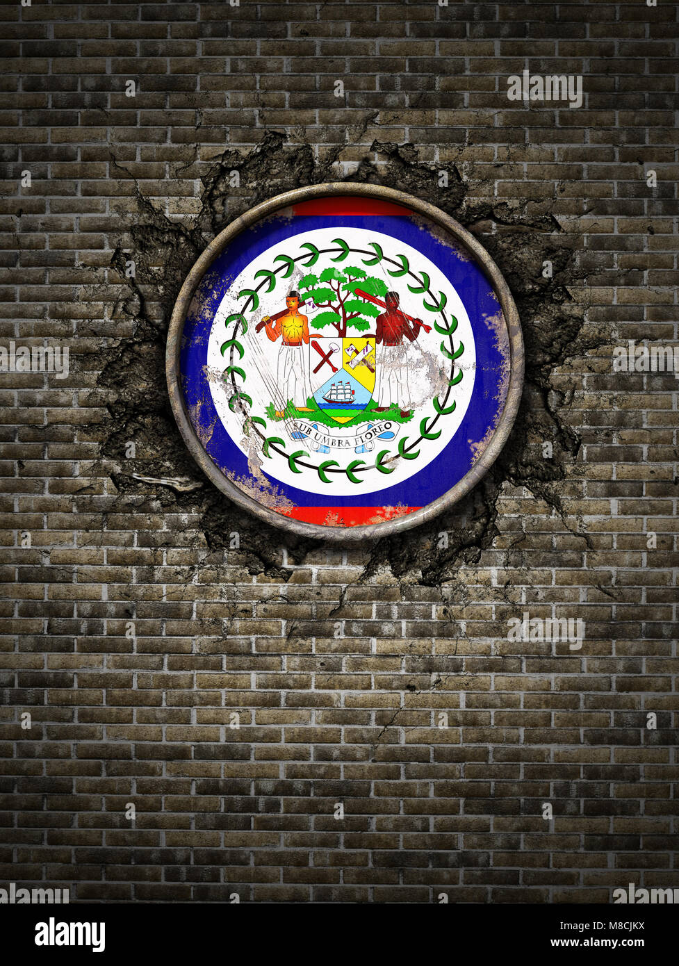 3d rendering of a Belize flag over a rusty metallic plate embedded on ...