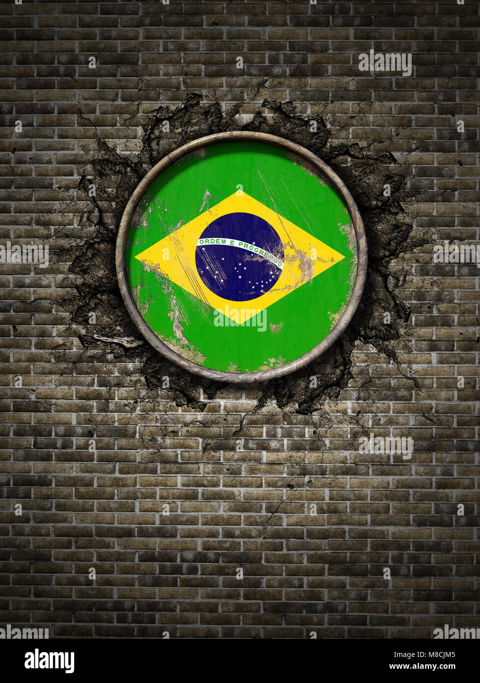 3d rendering of a Brazil flag over a rusty metallic plate embedded on ...