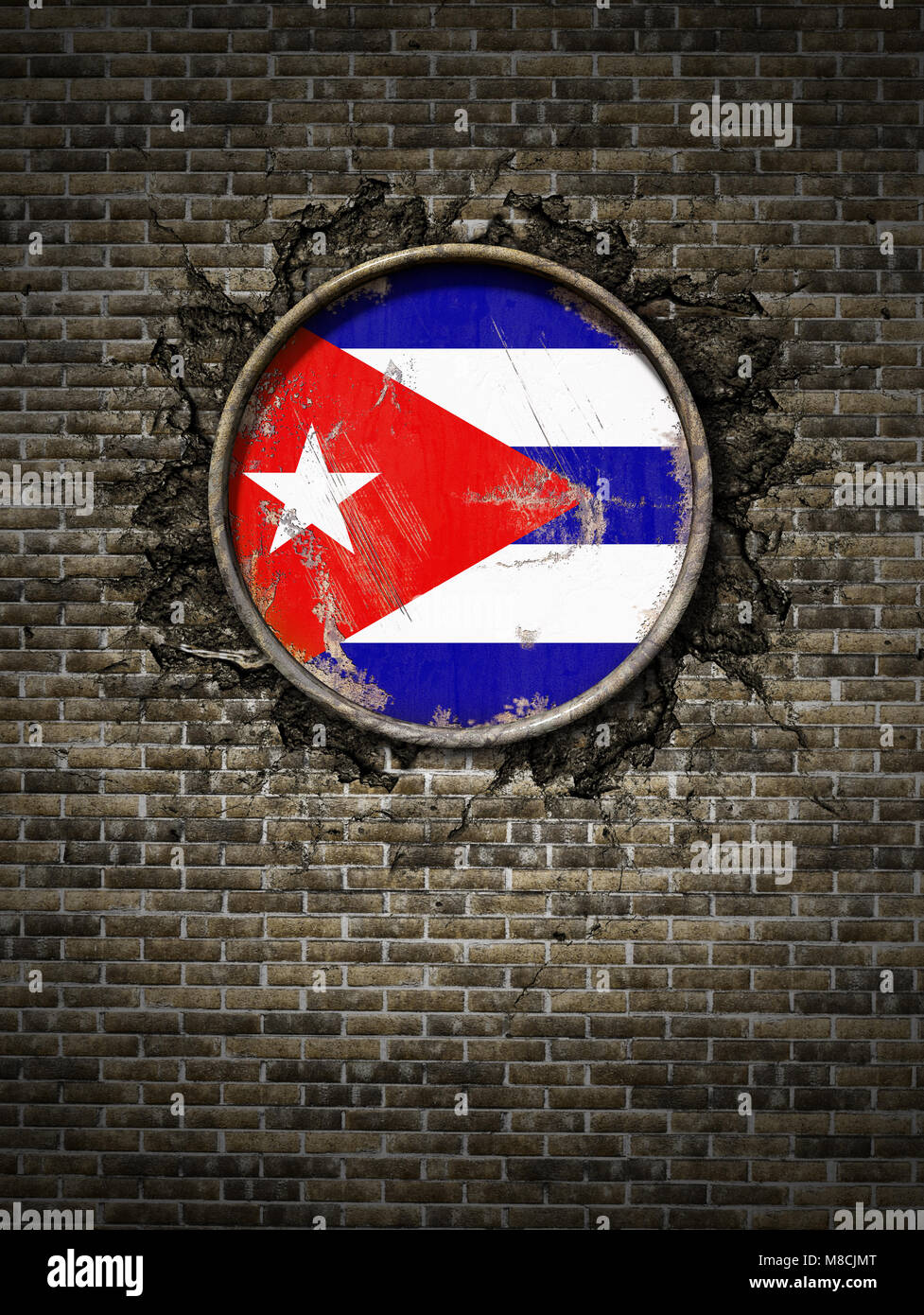 3d rendering of a Cuba flag over a rusty metallic plate embedded on an ...