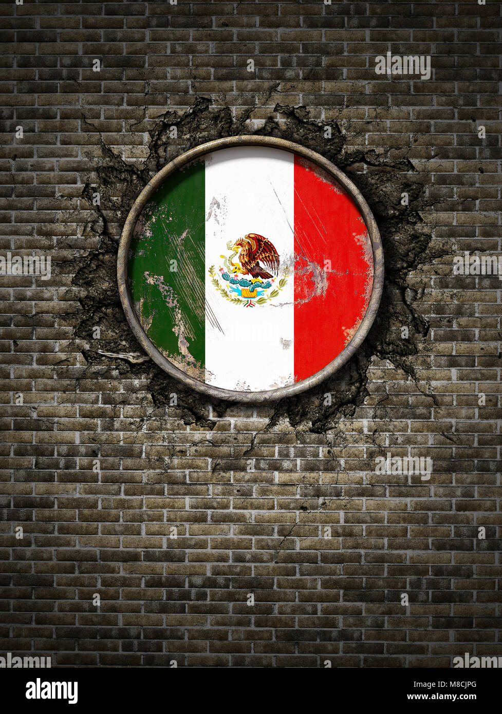 3d rendering of a Mexico flag over a rusty metallic plate embedded on ...