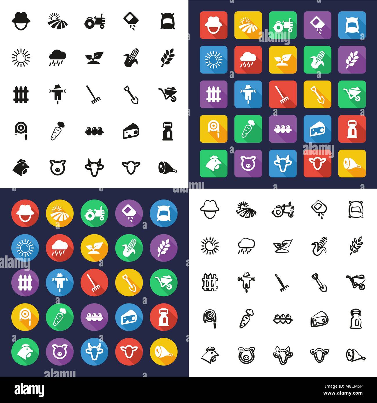Farm All in One Icons Black & White Color Flat Design Freehand Set ...