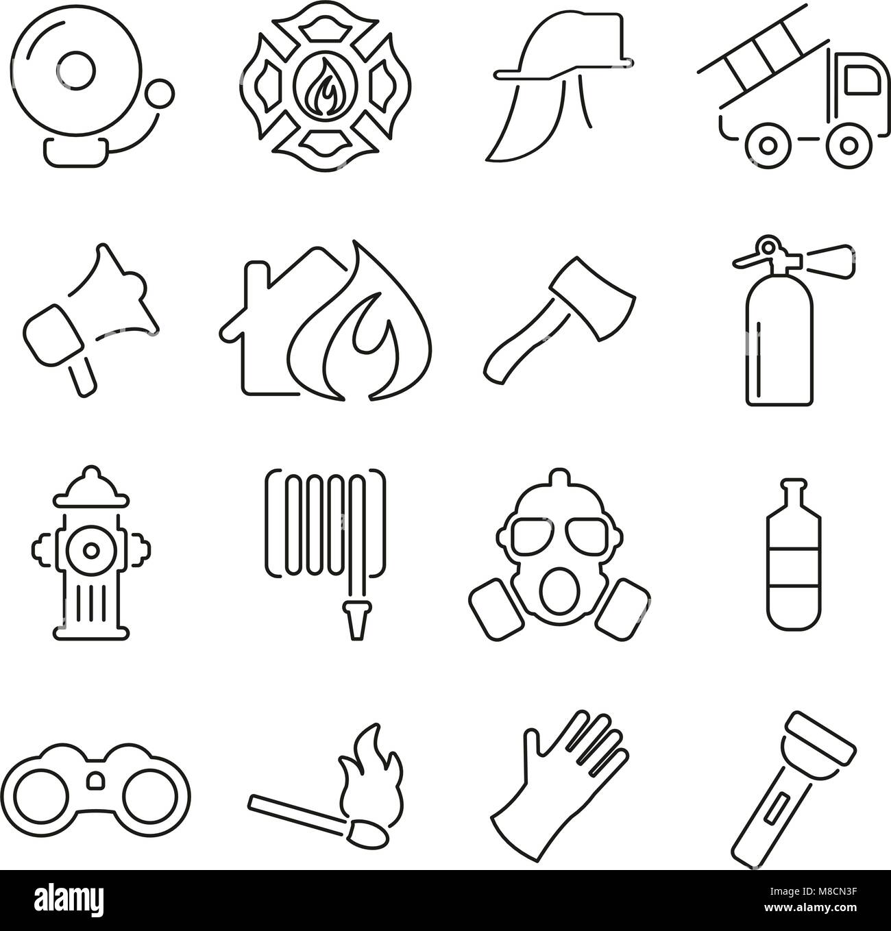 Fireman or Fire Rescue Icons Thin Line Vector Illustration Set Stock ...