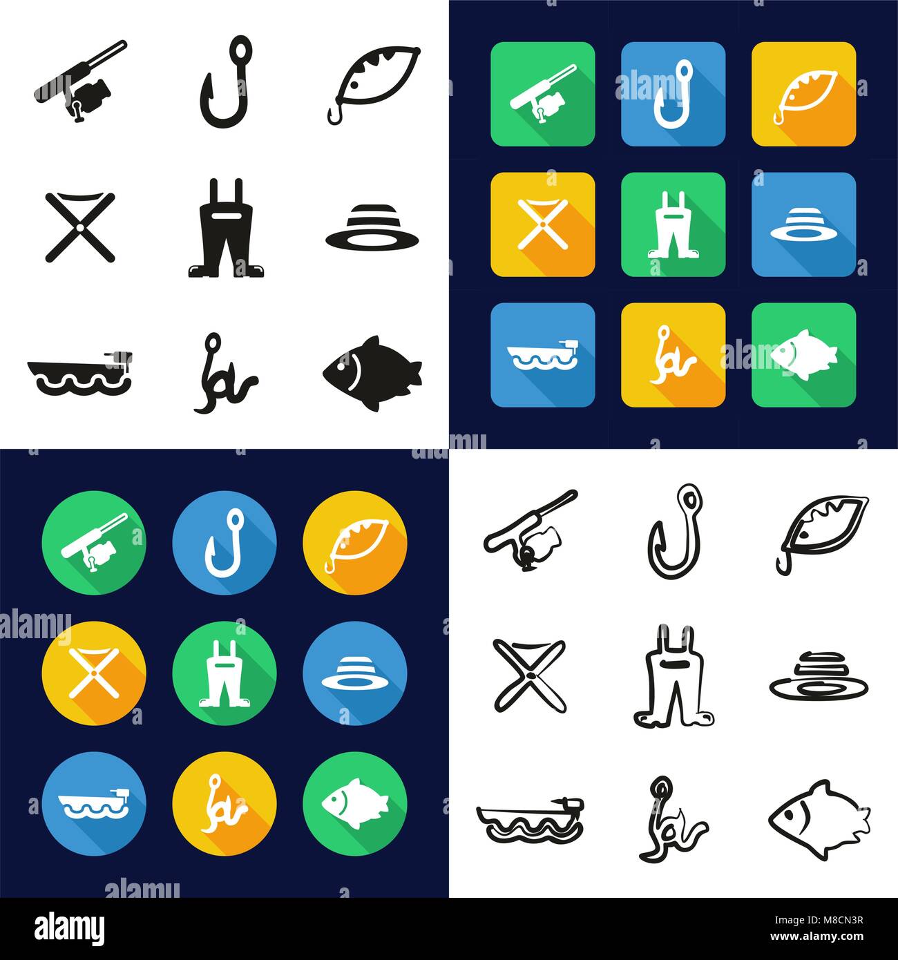Fishing All in One Icons Black & White Color Flat Design Freehand Set ...