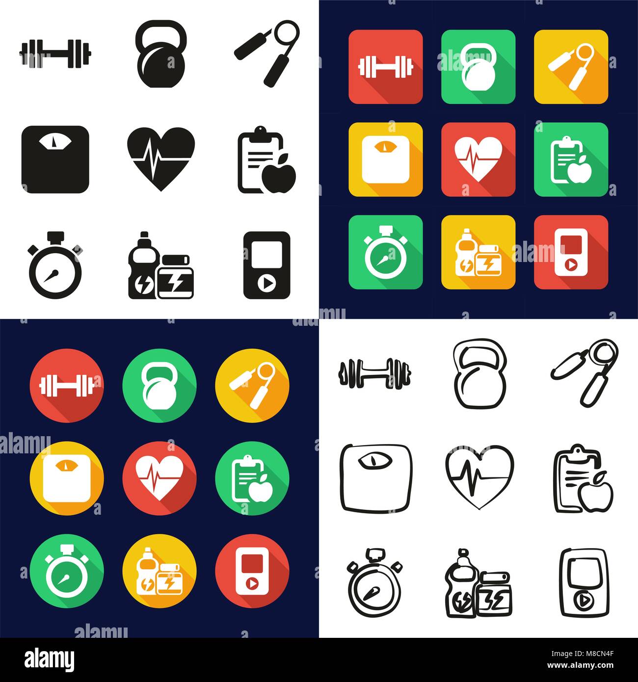 Fitness All in One Icons Black & White Color Flat Design Freehand Set Stock Vector Image & Art ...