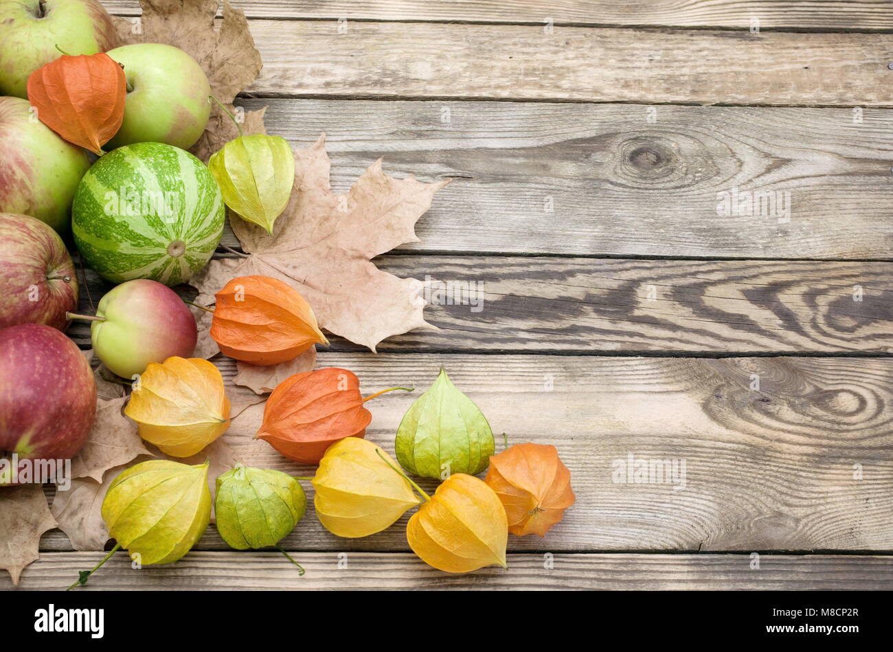 Autumn vegetables and fruit on a wooden rustic background. Food ...