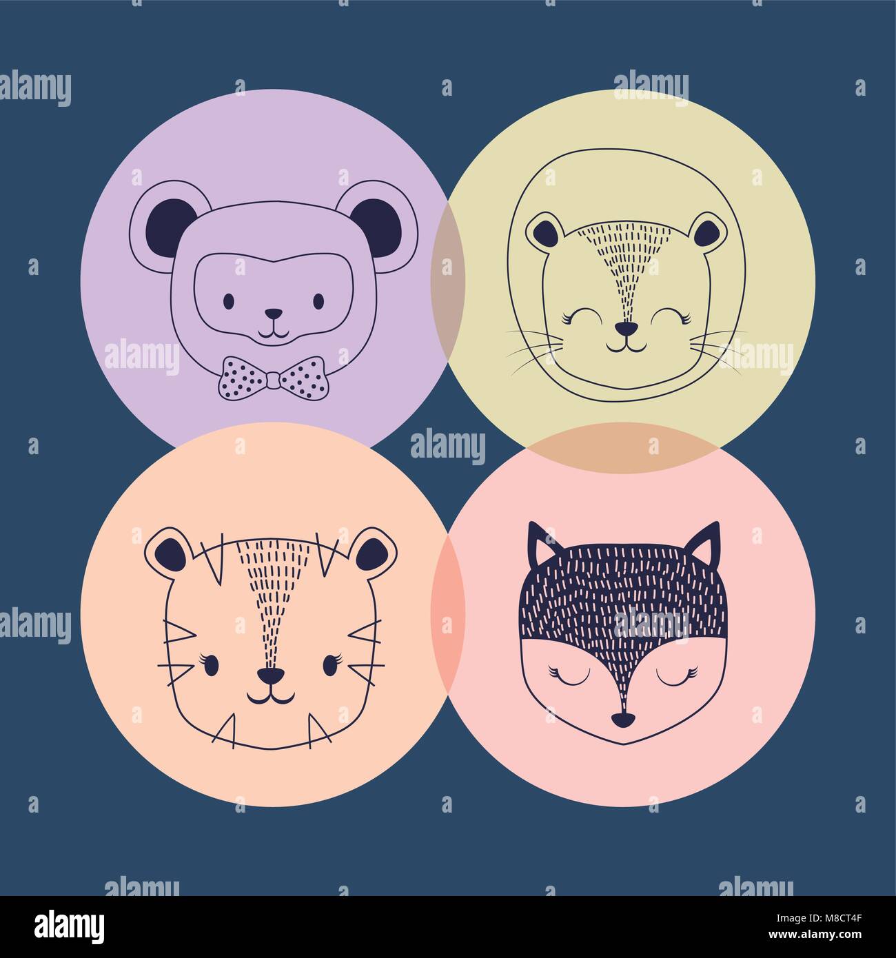 Icon set of cute animals over colorful circles and blue background ...