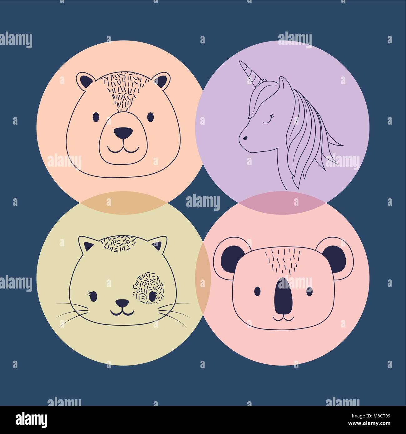 Icon set of cute animals over colorful circles and blue background ...