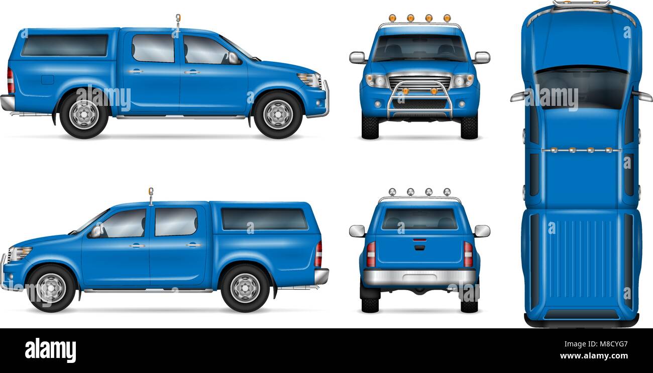 Pickup truck vector mock-up. Isolated template of blue car on white. Vehicle branding mockup ...