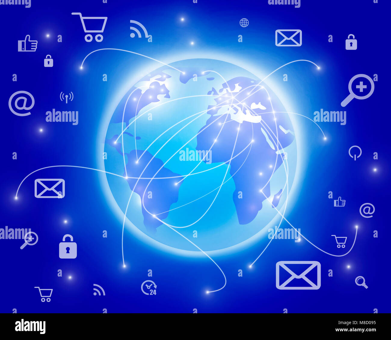 a networked globe with computer symbols against blue background Stock ...