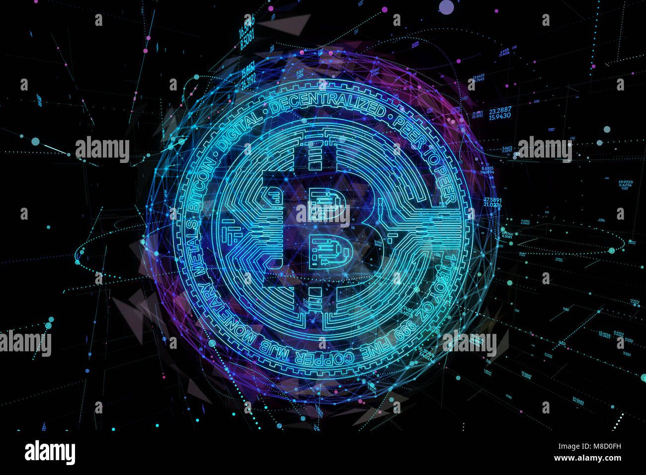 Bitcoin digital currency and world globe hologram, futuristic digital ...