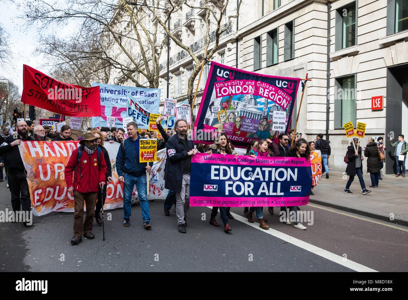 London, UK. 14th March, 2018. UCU trade union members, supporters and ...
