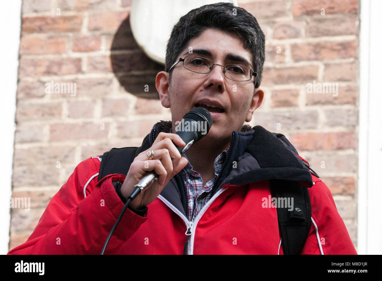London, UK. 14th March, 2018. A speaker from UCU addresses the March ...
