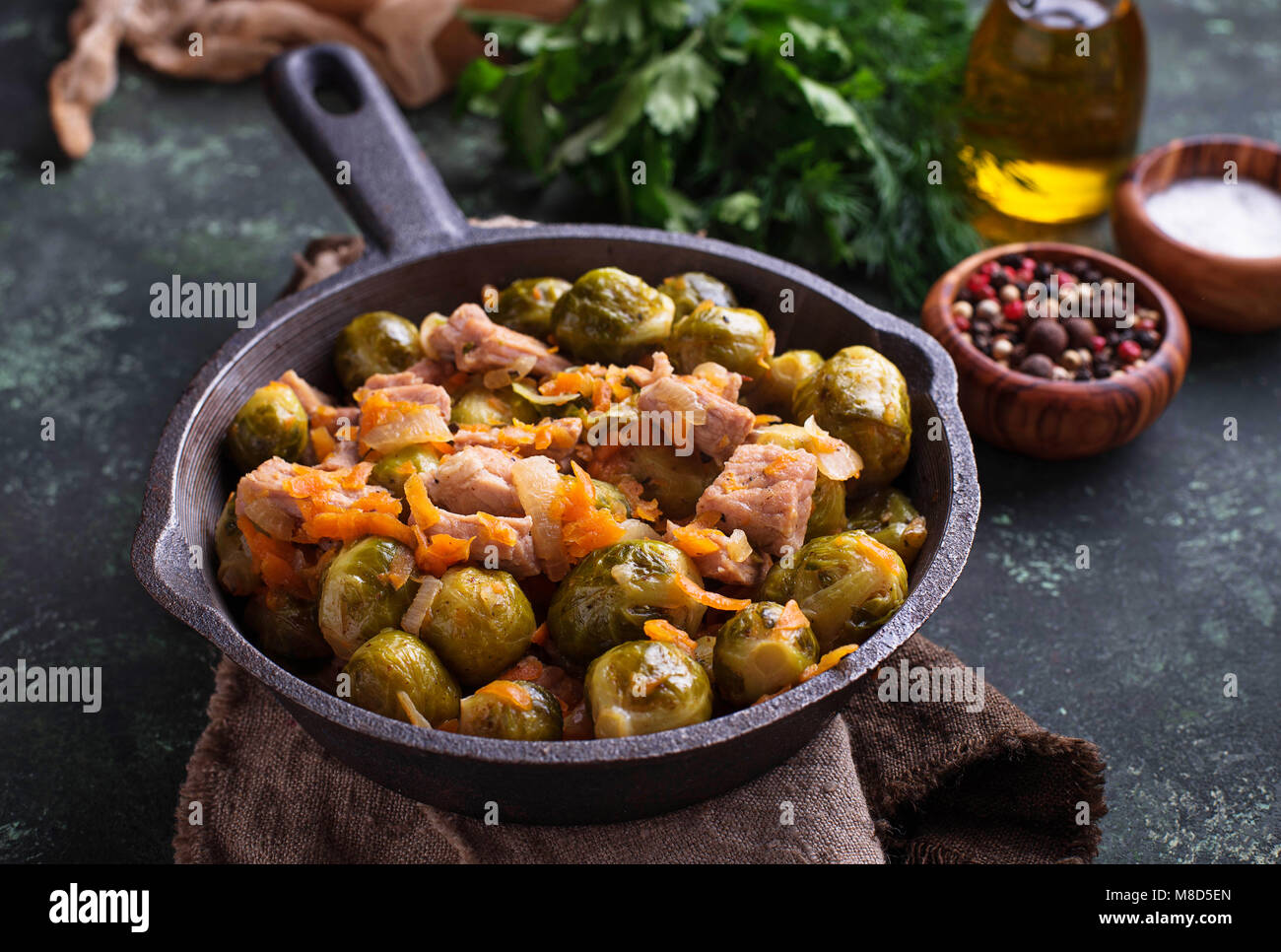 Roasted brussels sprouts with meat Stock Photo - Alamy