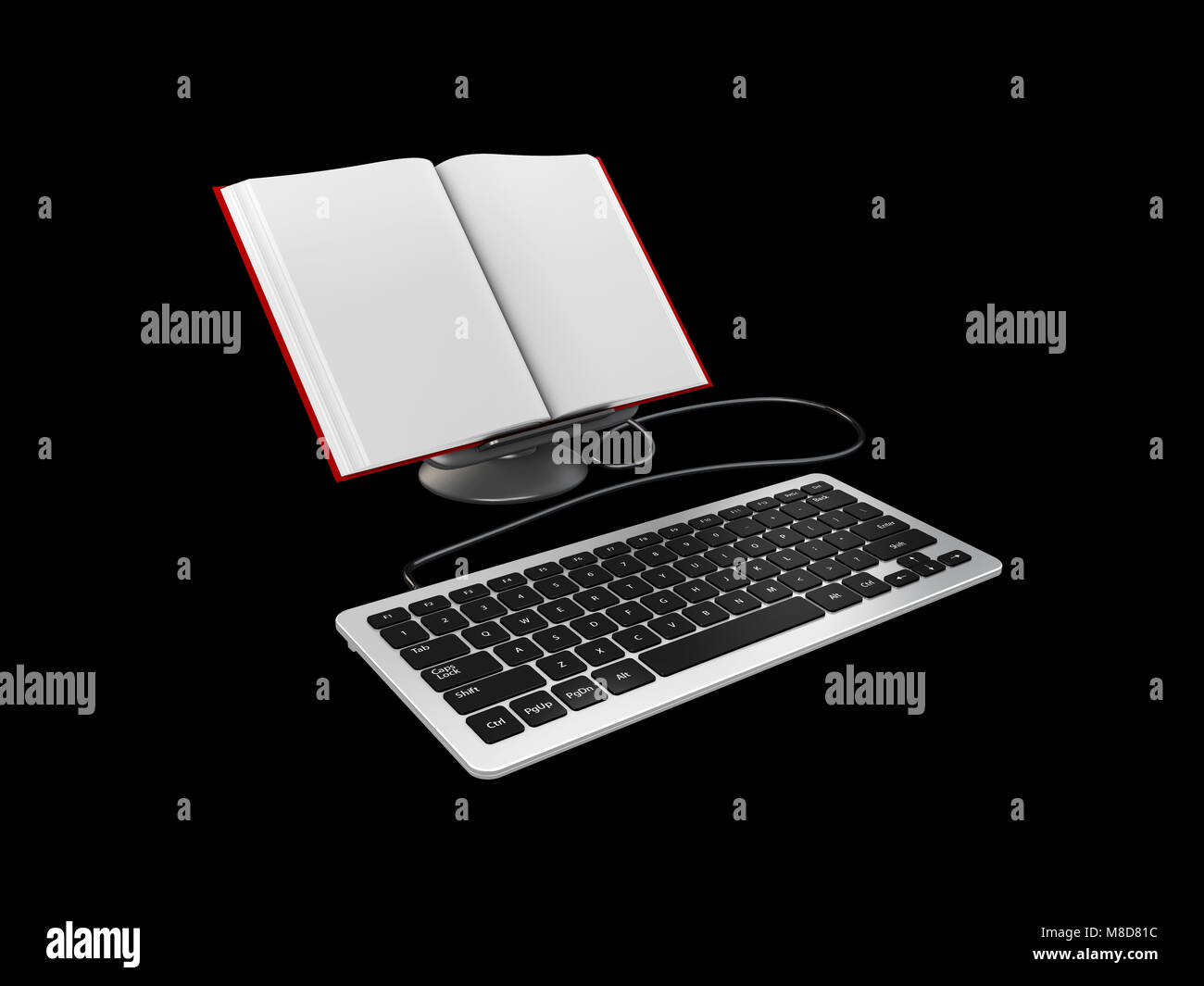 Keyboard and book with blank page, concept of writer, 3d Illustration ...