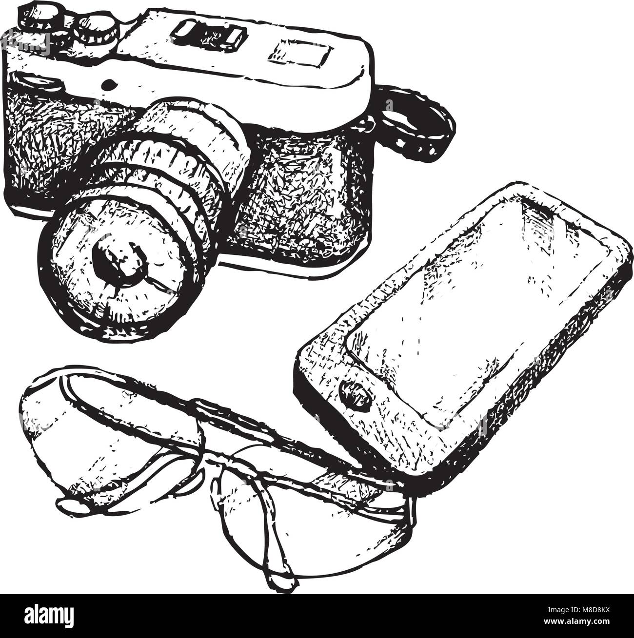Illustration of Hand Drawn Sketch Digital Camera and Glasses with ...