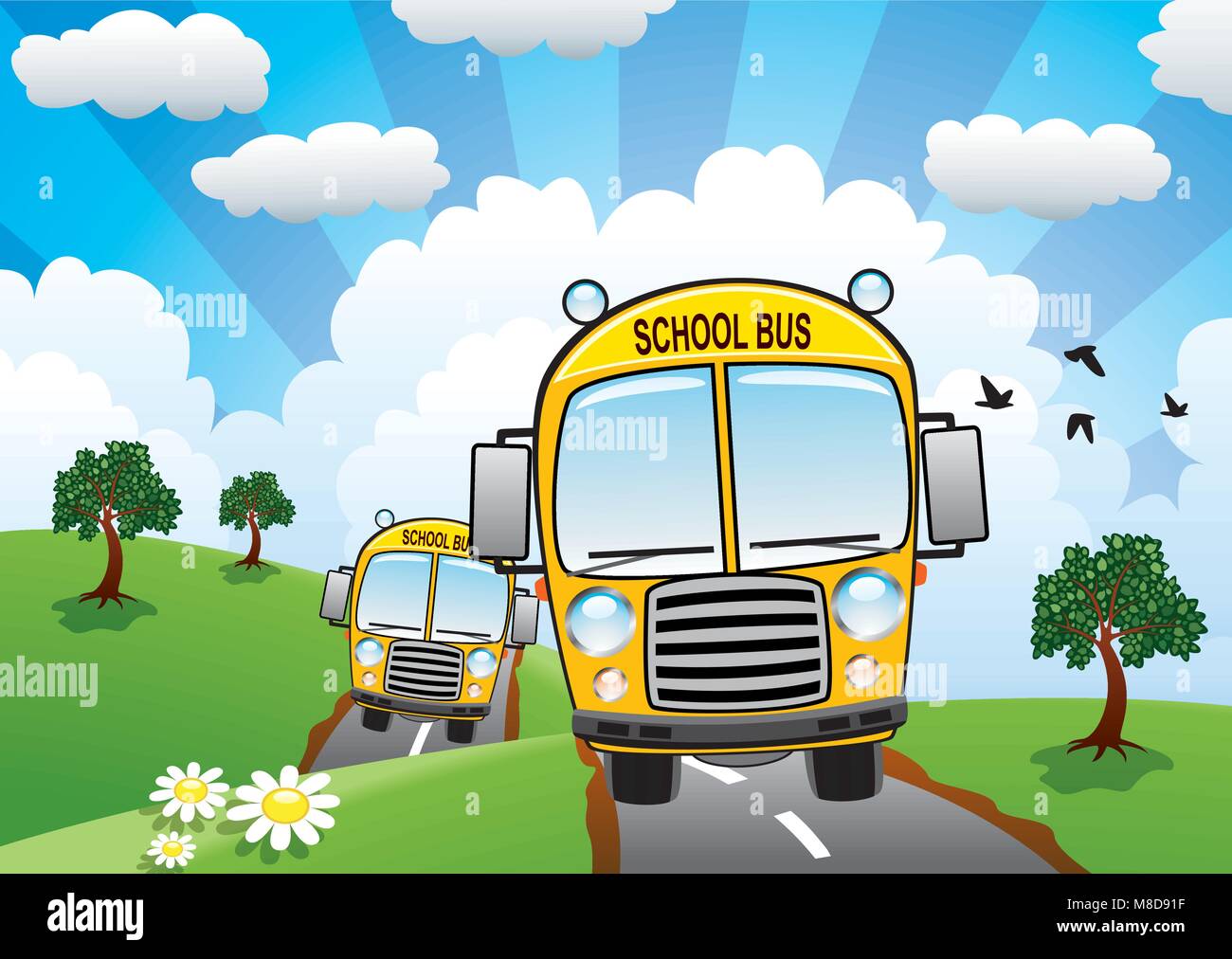 vector yellow school buses on a country road Stock Vector Image & Art ...