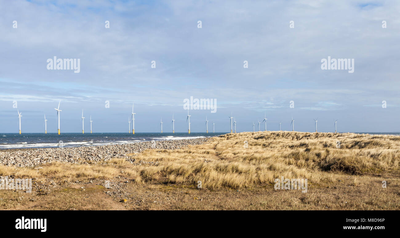 The seafront at South Gare with the offshore wind turbines at Redcar ...