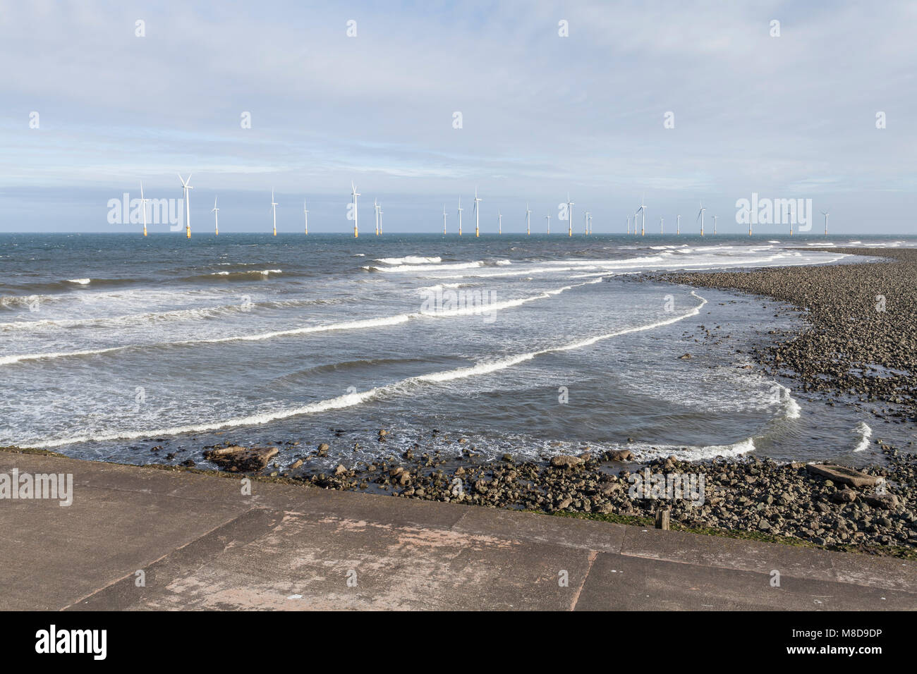 The seafront at South Gare with the offshore wind turbines at Redcar ...