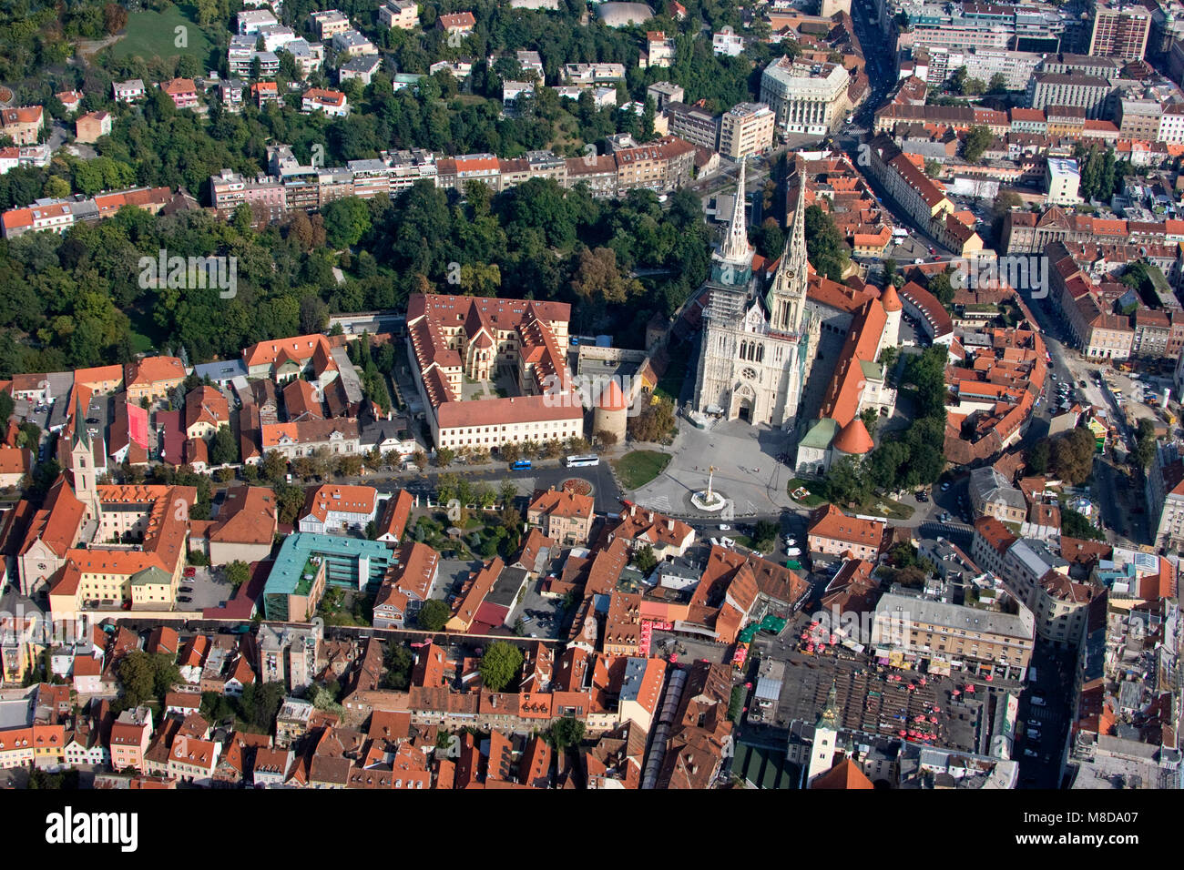 Zagreb, city centre with Dolac market, cathedral, archbishop house ...