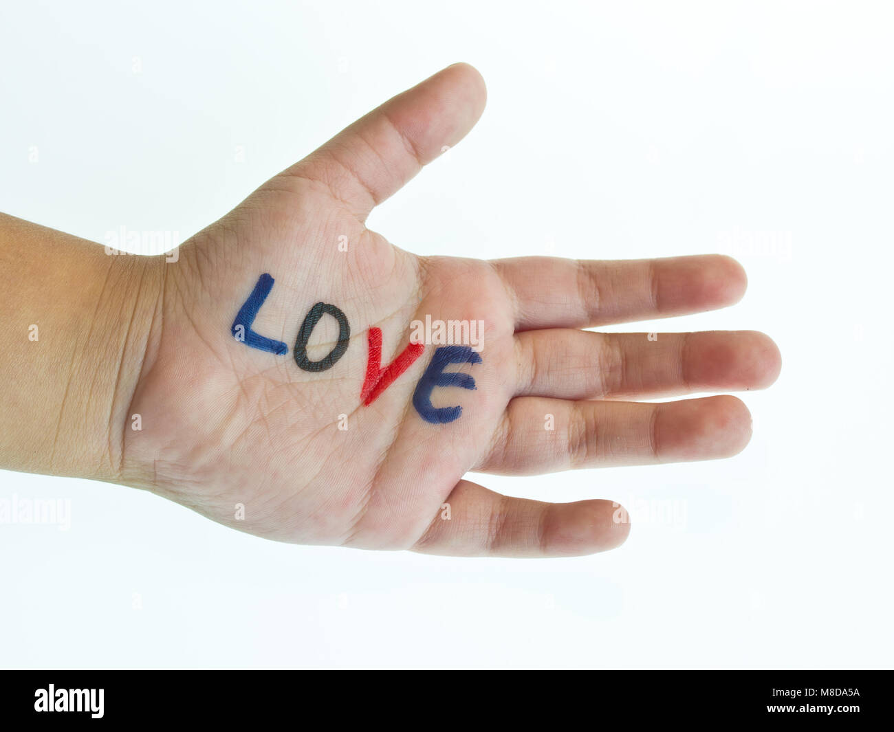 Write the words love on the palms ,isolate and white background Stock ...