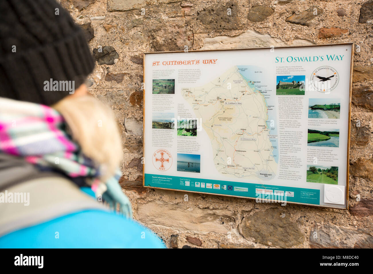 A sign for long distance footpaths on Holy Island, Northumberland, UK ...