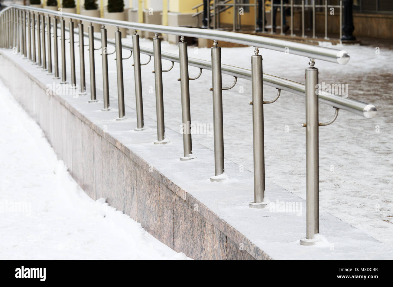 Metal railings for pedestrians.It protects people from falling Stock ...