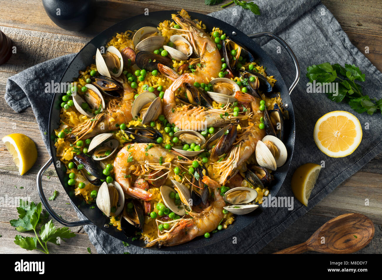 Homemade Spanish Seafood Paella with Prawns Mussels and Clams Stock ...