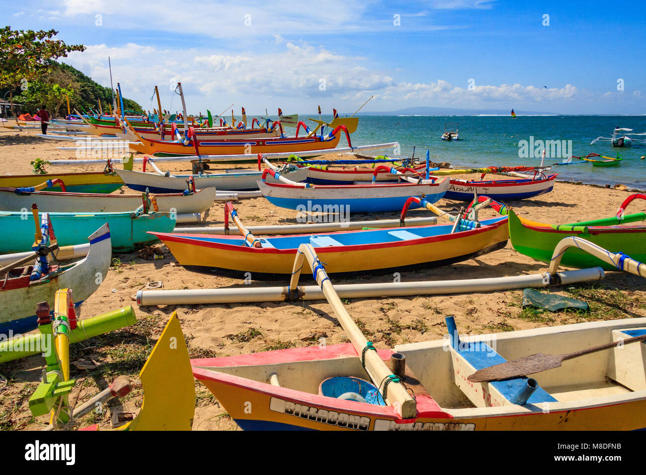 Traditional Balinese fishing boats, Sanur beach, Bali, Indonesia Stock ...