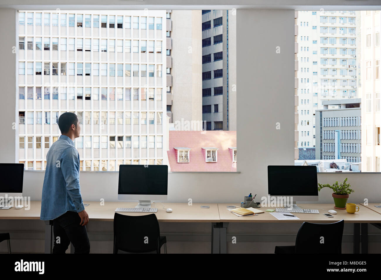 Young Asian designer standing alone by computers in an office looking ...