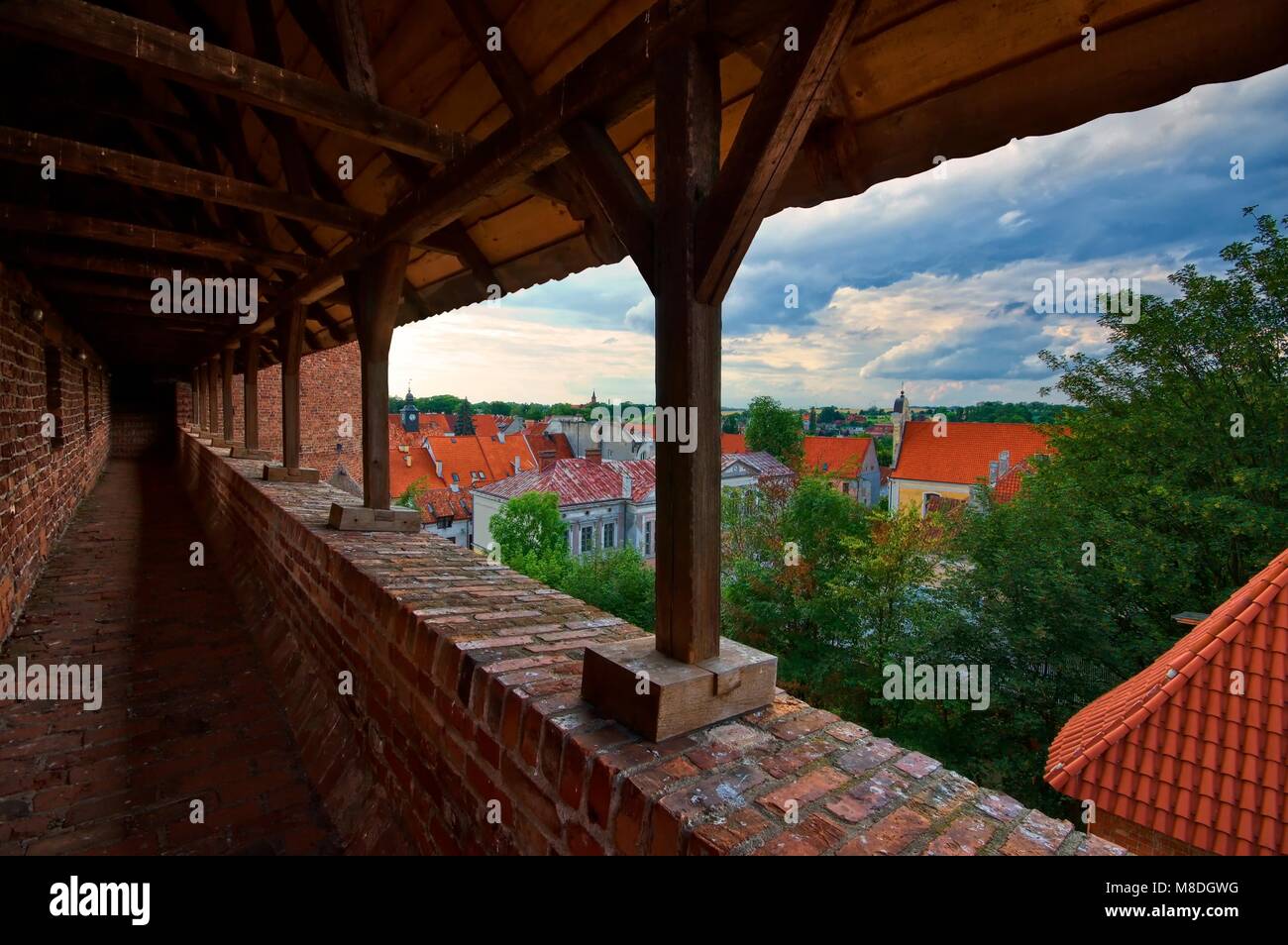 Defensive walls and sentry porch of medieval Gothic castle in Reszel ...