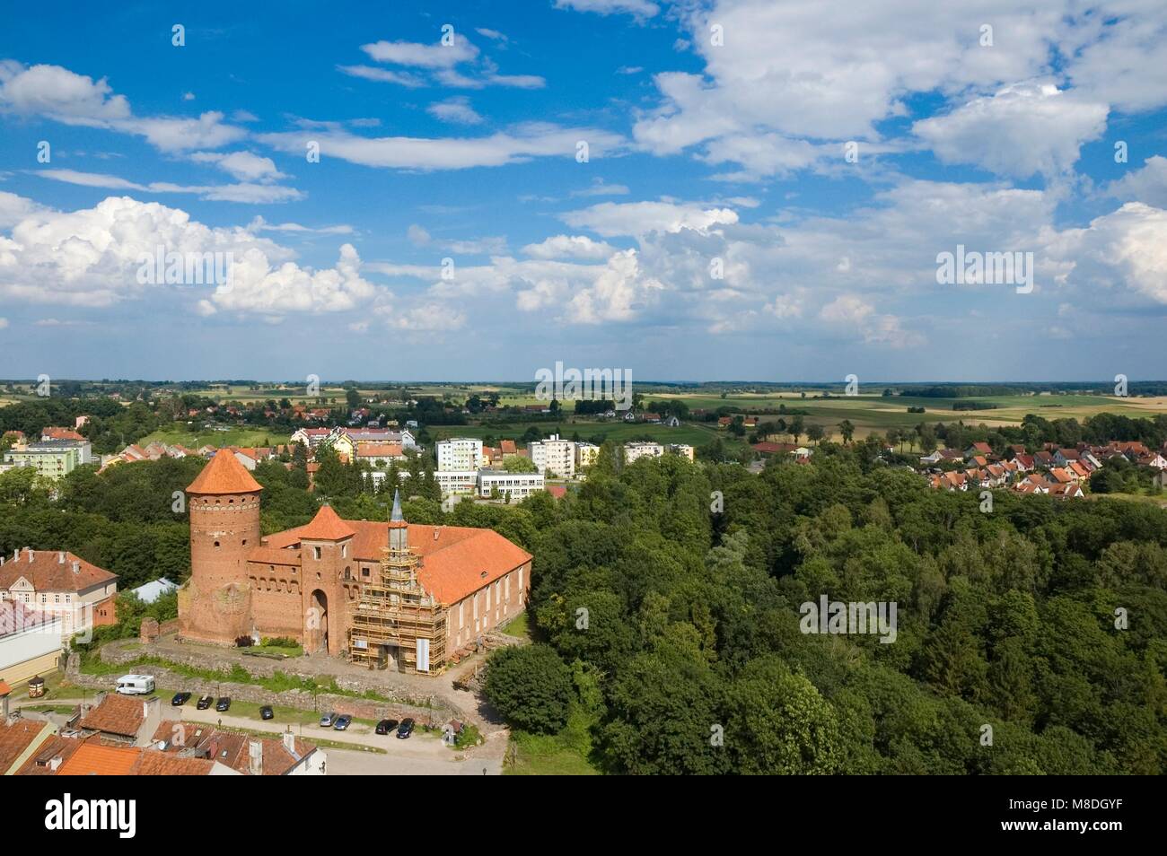 Top view of medieval town and castle from church tower, Reszel, Warmia ...