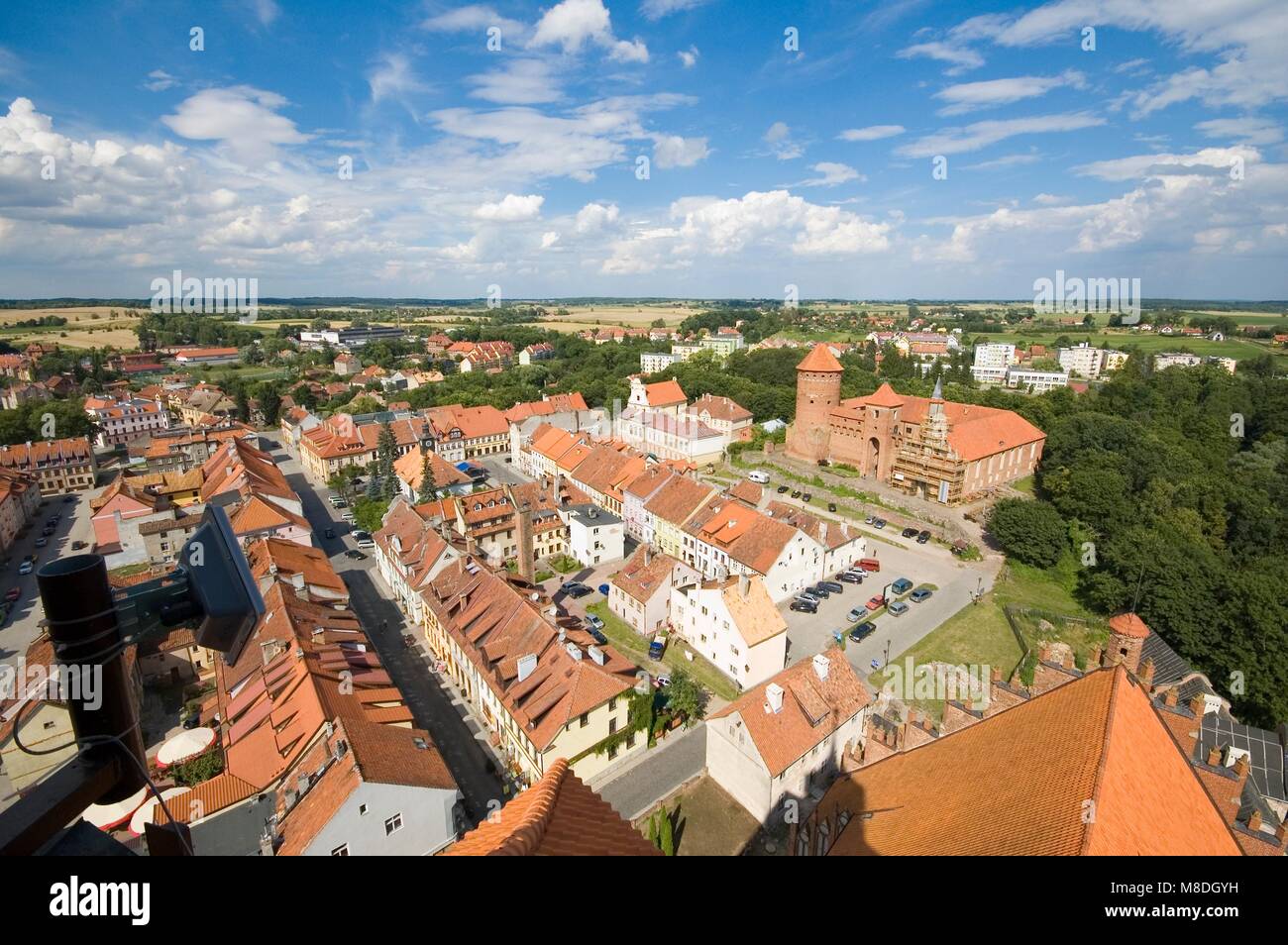 Top view of medieval town and castle from church tower, Reszel, Warmia ...