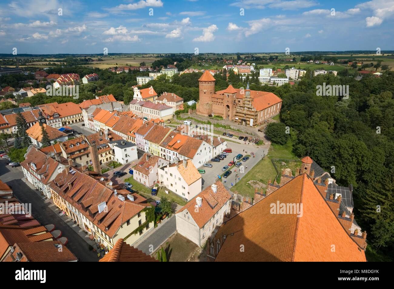 Top view of medieval town and castle from church tower, Reszel, Warmia ...