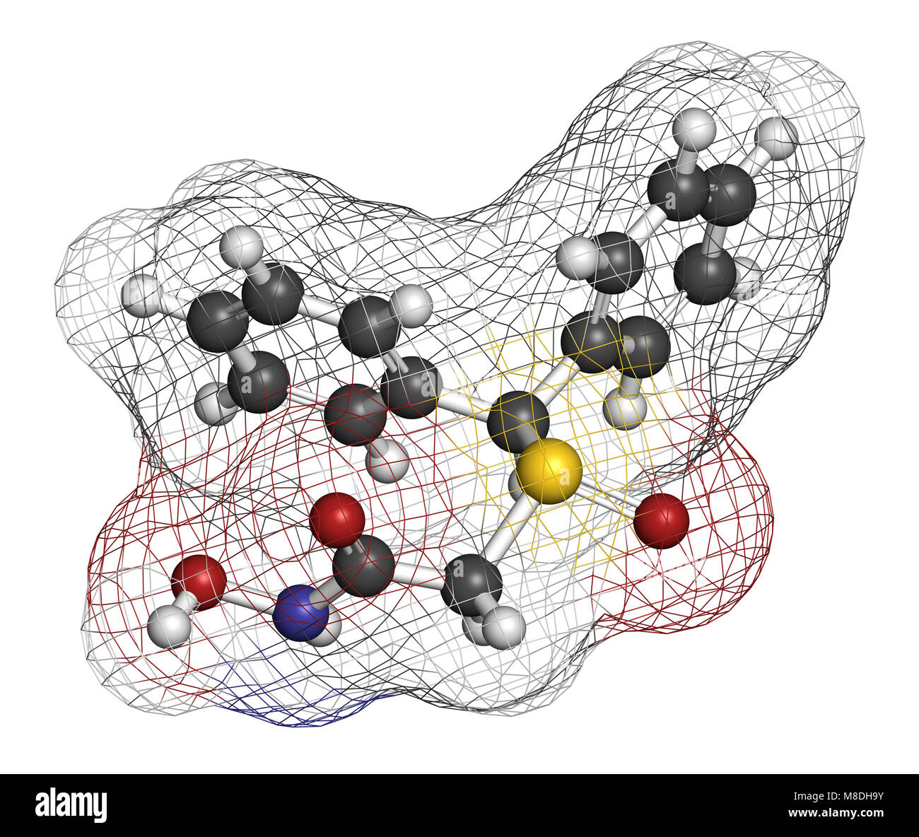 Adrafinil drug molecule (withdrawn). 3D rendering. Atoms are ...